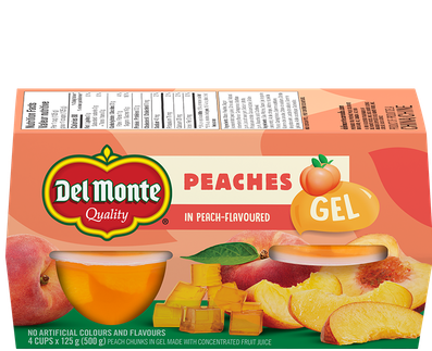 Peaches in peach-flavoured gel in 100% fruit juice from concentrate ...